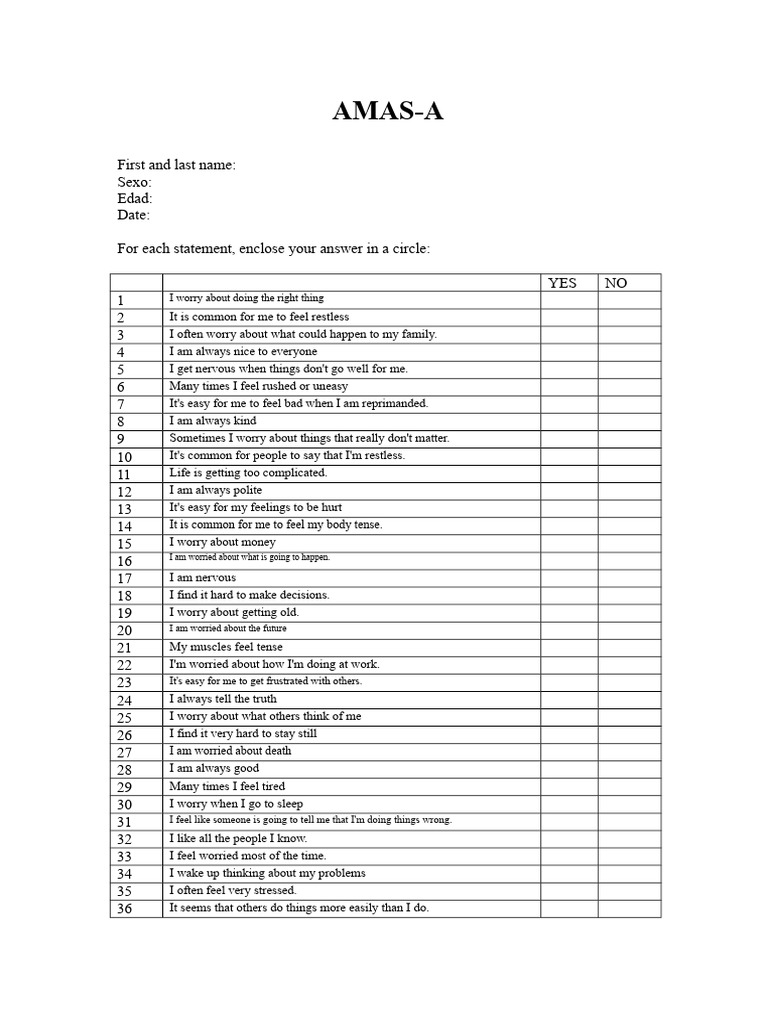 Anxiety Assessment Questionnaire | PDF