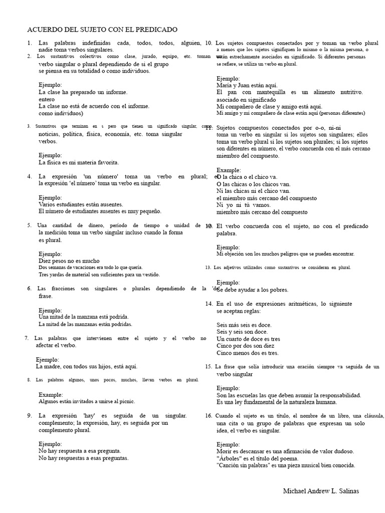 Reglas de Concordancia Verbal en Español | PDF | Verbo | Plural
