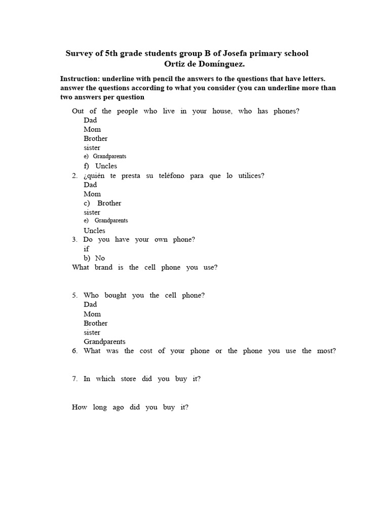 Survey of 5th Grade Students, Group B of The Josefa Ortiz de Domínguez ...
