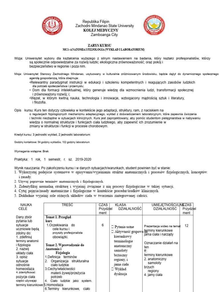 Plan Kursu W ANAPHYSIO | PDF