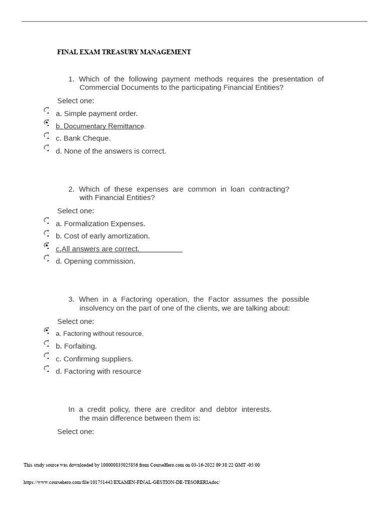 Treasury Management Final Exam Guide | PDF | Interest | Factoring (Finance)