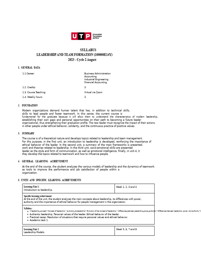 100000E14Y - LeadershipAndTeamFormation Syllabus | PDF | Leadership ...