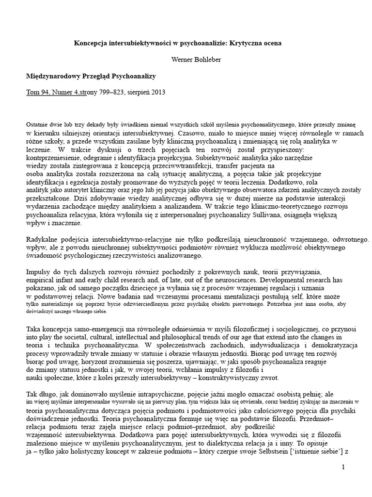 Koncept intersubiektywności - Bohleber.doc | PDF