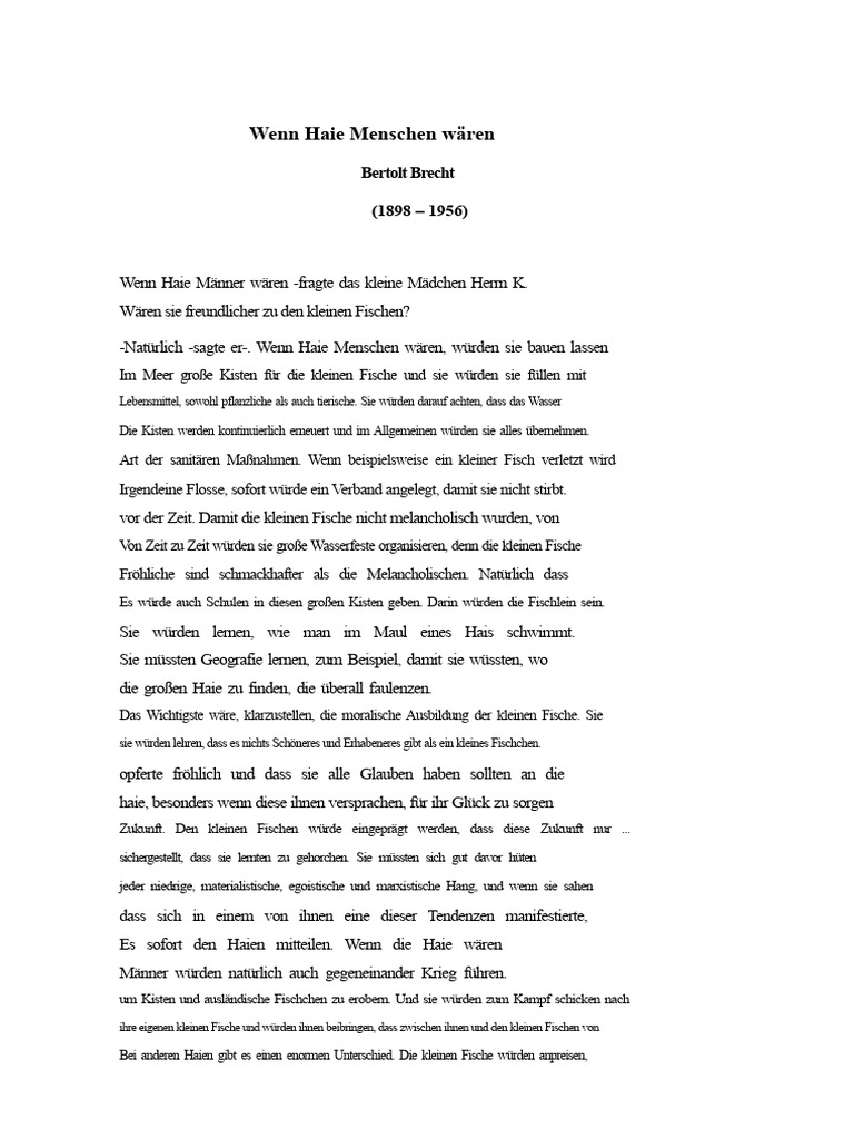 Bertolt Brecht - Wenn die Haie Menschen wären | PDF