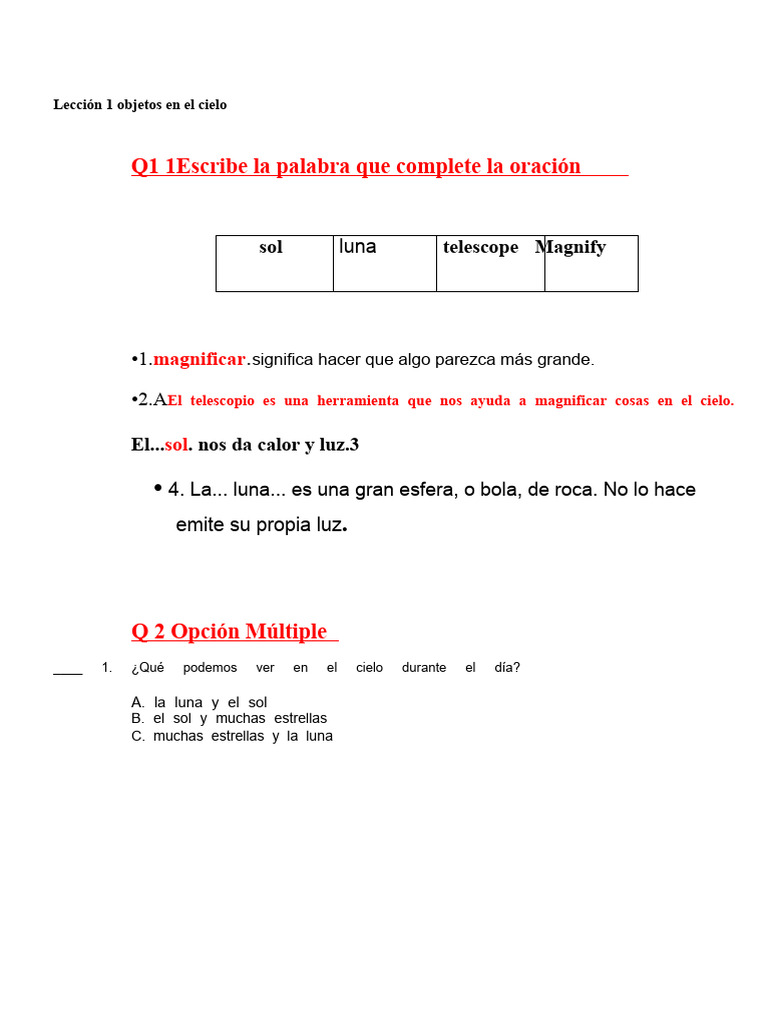 Lección 1 Qué Podemos Ver en El Cielo Respuestas | PDF | Cielo | Cielo ...