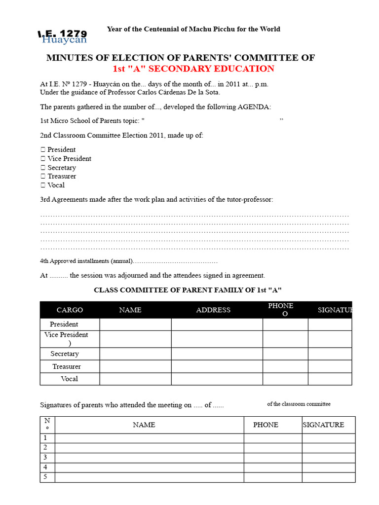 MINUTES OF ELECTION OF THE PARENT COMMITTEE OF THE 1st | PDF