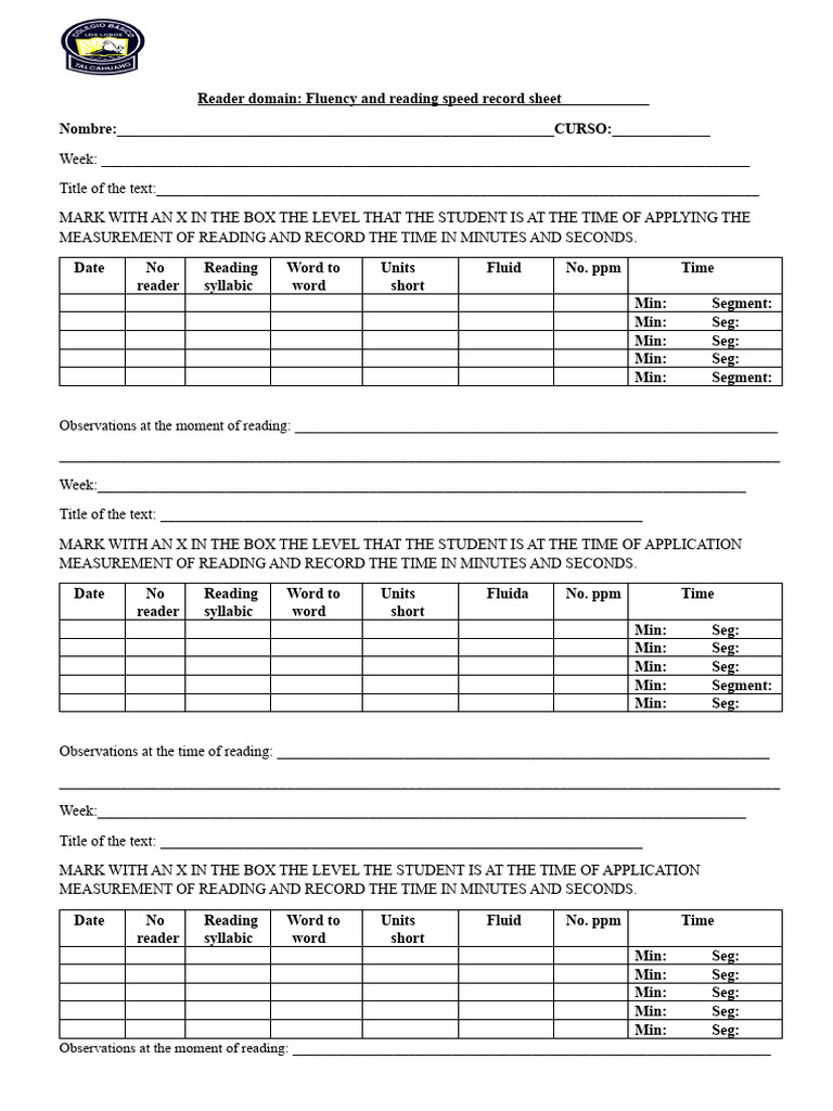 Reader Fluency Record Sheet 2022 | PDF | Human Communication | Language ...