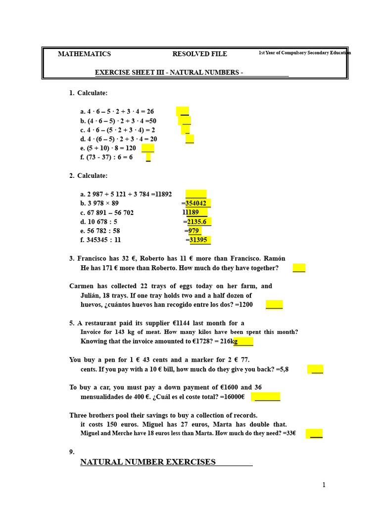 Topic 01 - Exercise Sheet III - Natural Numbers - SOLVED | PDF ...