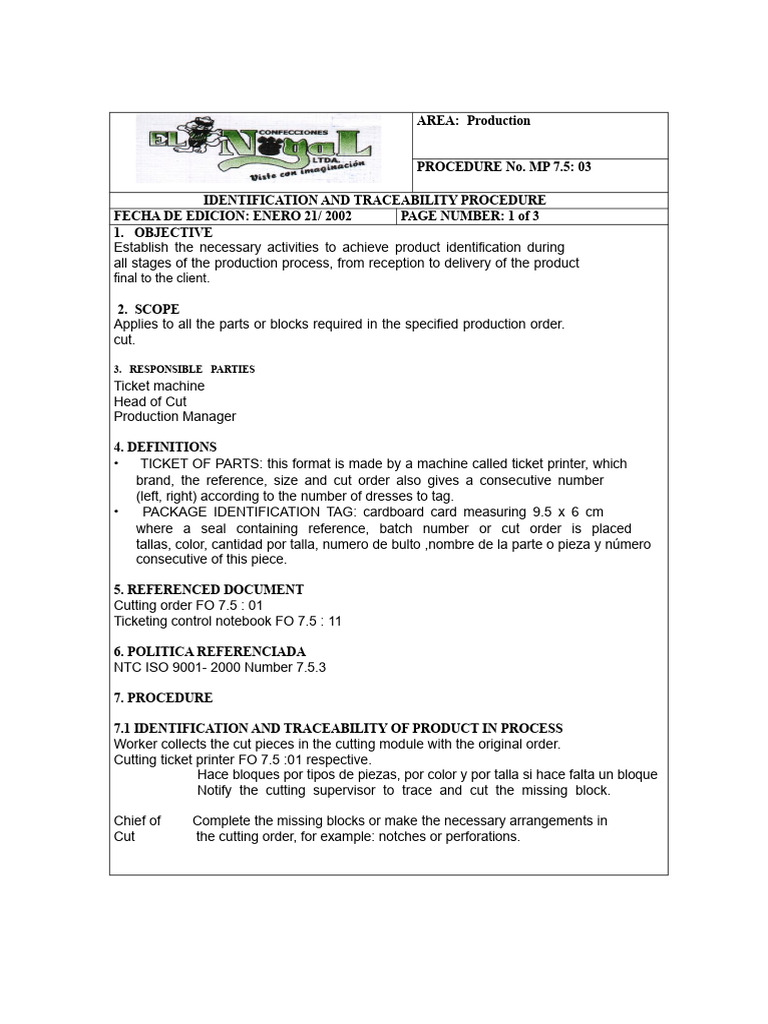 Identification and Traceability Procedure | PDF | Embroidery