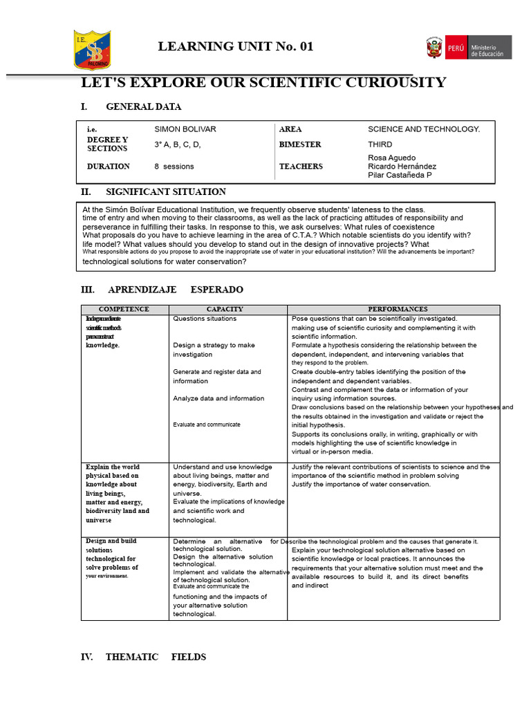 Didactic Unit No. 01 Third | PDF | Science | Knowledge
