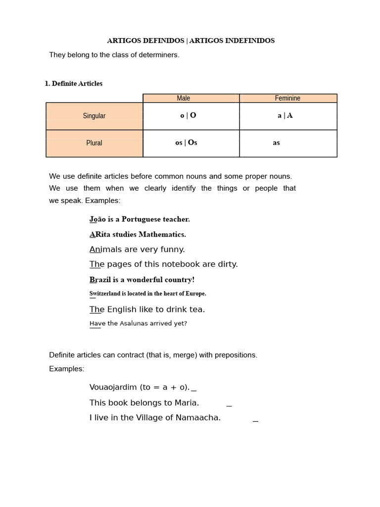 Defined and Undefined Articles Sheet | PDF