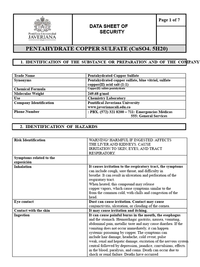 Safety Data Sheet: Copper Sulfate Pentahydrate | PDF | Magnesium