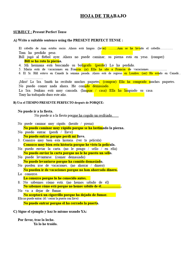 Hoja de Trabajo Sobre El Tiempo Presente Perfecto | PDF