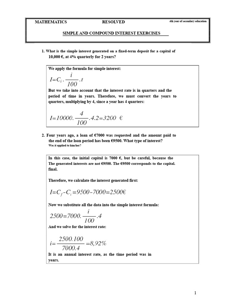 Solved Problems of Simple and Compound Interest 1 | PDF | Interest ...