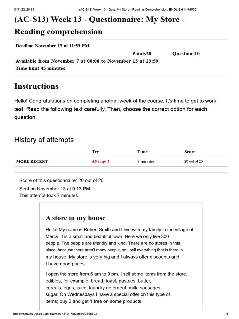 (AC-S13) Week 13 - Quiz - My Store - Reading Comprehension - ENGLISH II ...
