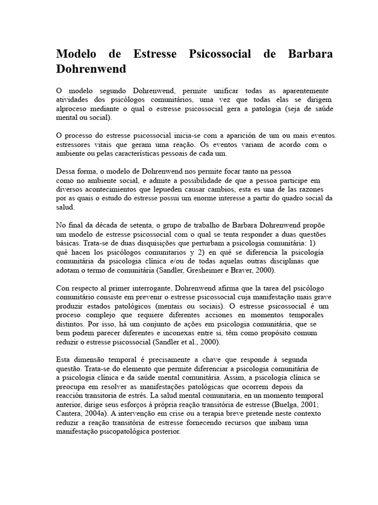 Modelo de Estresse Psicossocial de Barbara Dohrenwend | PDF | Estresse (Biologia) | Psicologia ...