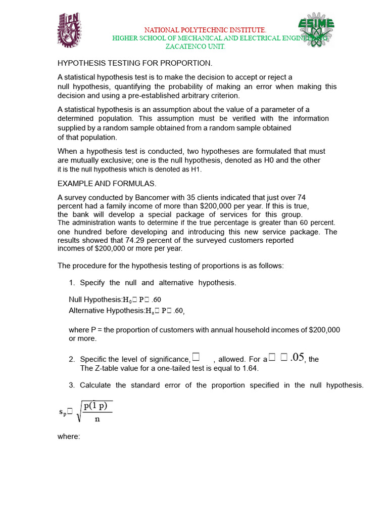 Hypothesis Testing For Proportion | PDF | Variance | Confidence Interval