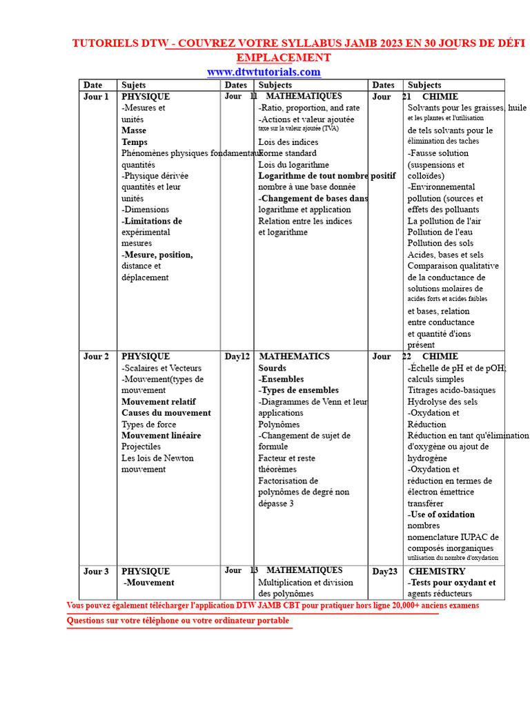 Emploi Du Temps - Phy - Chim - Math - Ang - Tutoriels - DT - Jamb - 2023 | PDF | Réaction d ...