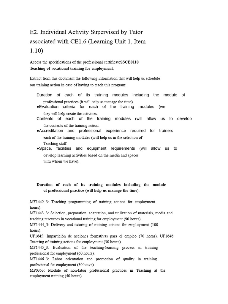 E2. Individual Activity Supervised by Tutor Associated With CE1.6 ...
