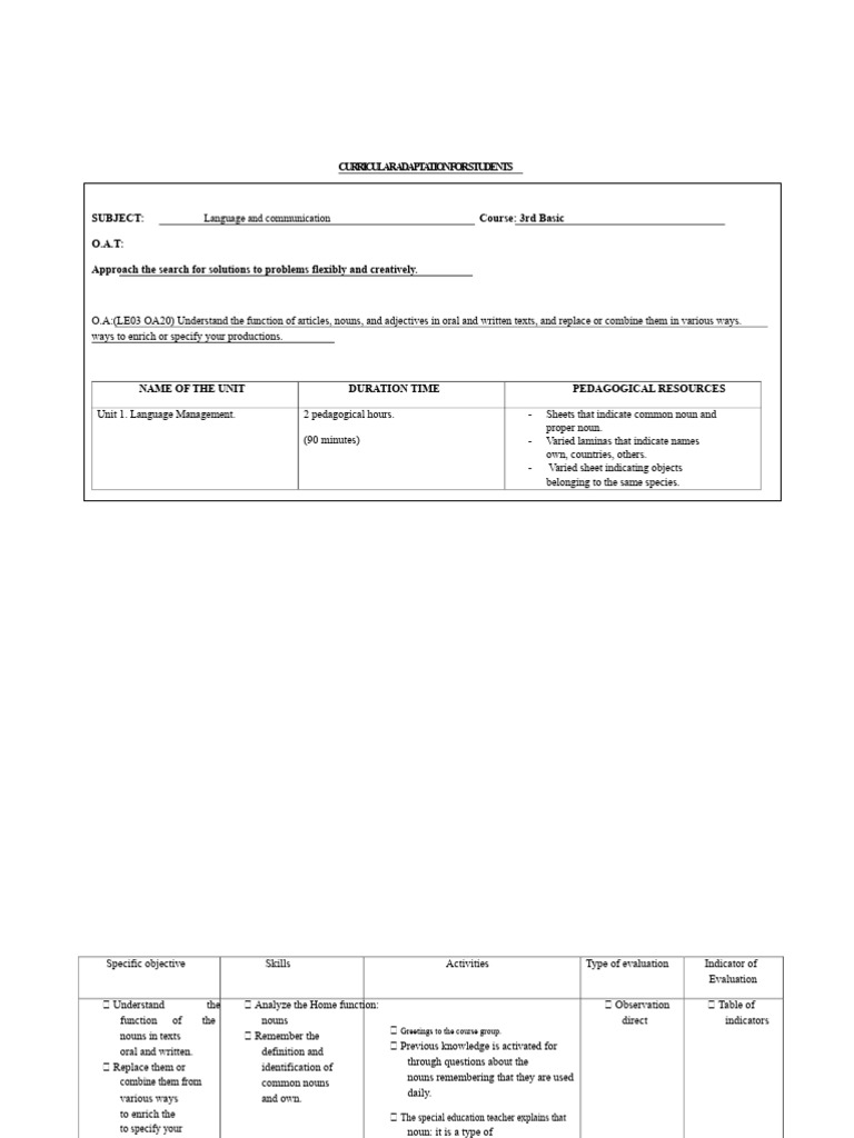 Curricular Adaptation: Language Skills | PDF | Pedagogy | Noun