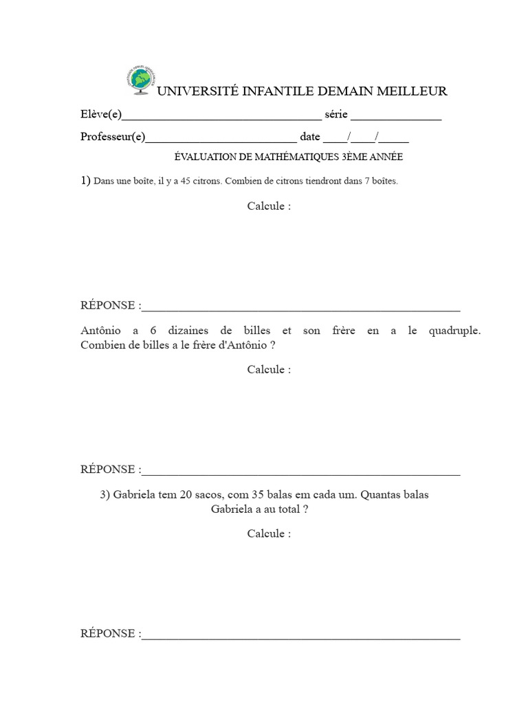 Évaluation de mathématiques 3ème année | PDF