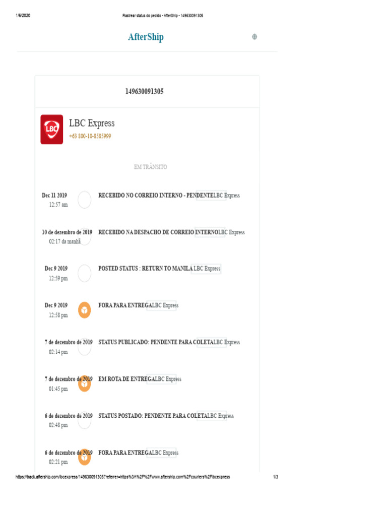 Rastrear status do pedido - AfterShip - 149630091305 | PDF