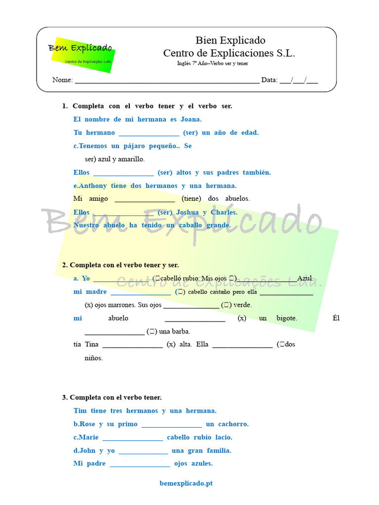 1.6 Ficha de Trabajo - Verbo Ser y Tener | PDF