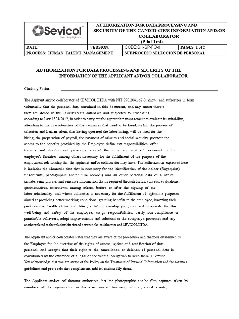Gh-Sp-Fo-016 Authorization For The Processing of Data and Information ...