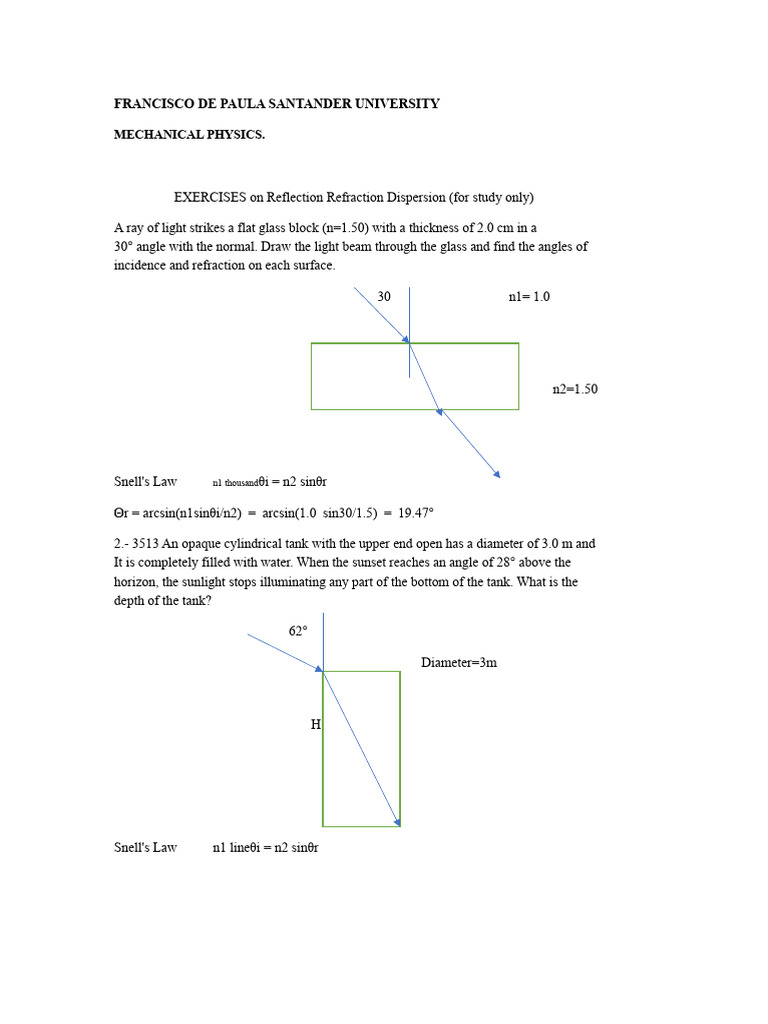 Exercises of Reflective Refractive Dispersion | PDF | Refraction ...