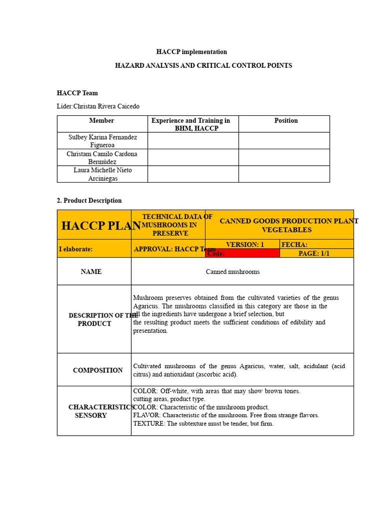 HACCP Plan for Canned Mushrooms | PDF | Water | Disinfectant
