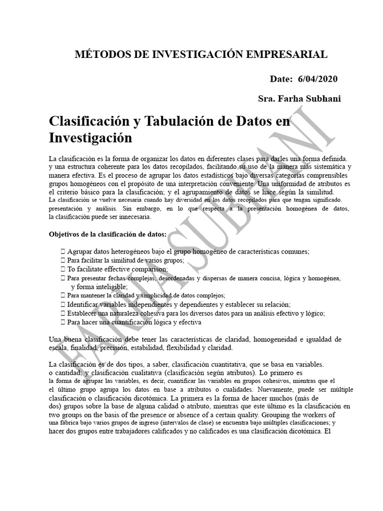 Clasificación y Tabulación de Datos en la Investigación BRM | PDF | Datos | Cuestionario