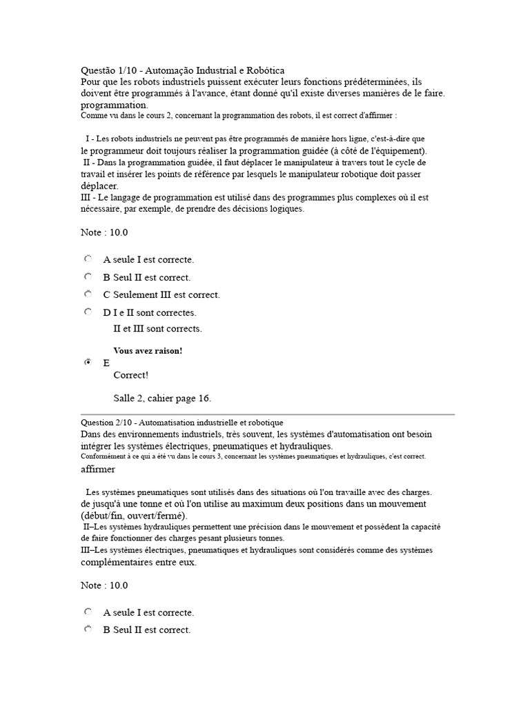 Questions sur l'automatisation et la robotique | PDF | Programme ...