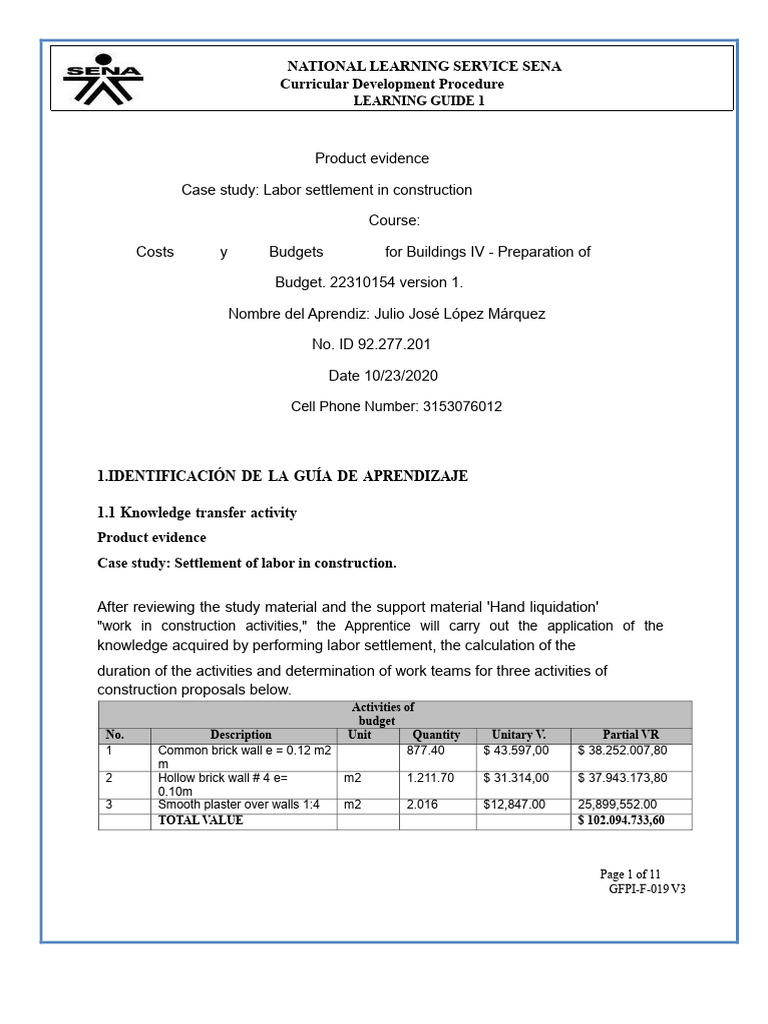 Product Evidence Course Costs and Budgets IV 22310154 Version 1 | PDF ...