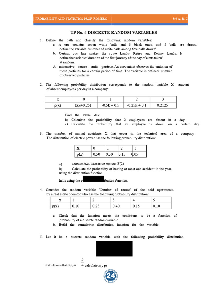 TP N 4 Discrete Random Variables | PDF | Probability Distribution ...