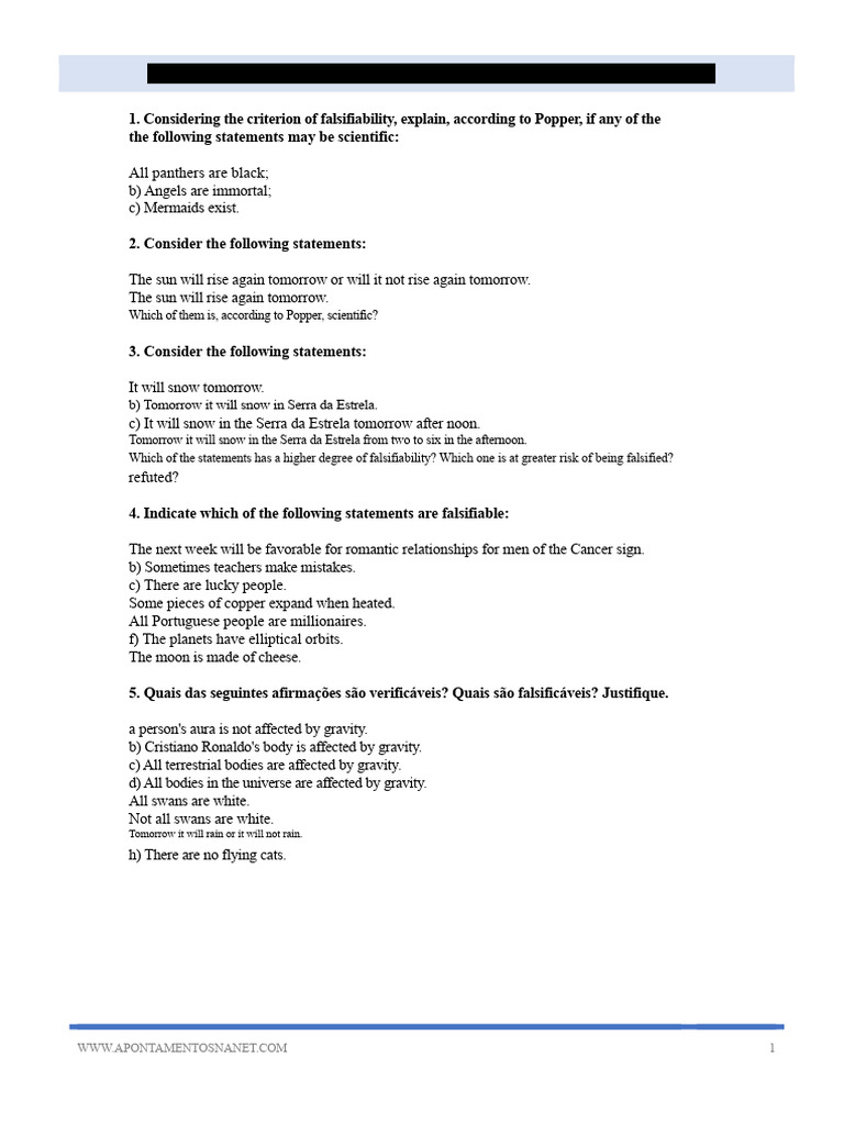 Philosophy 11th Grade Exercises Falsifiable Karl Popper | PDF ...