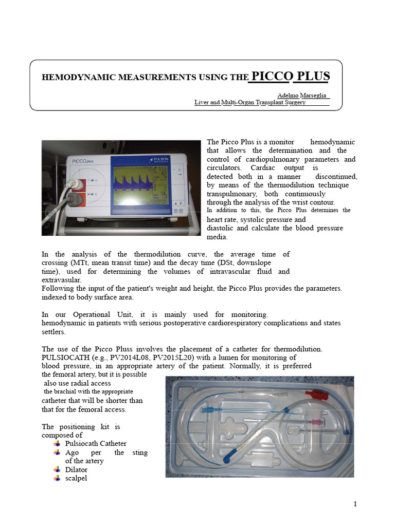 Picco Plus Hemodynamic Monitoring Guide | PDF | Hemodynamics ...