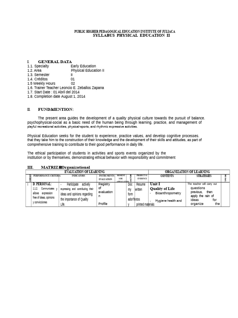 Physical Education II Syllabus Overview | PDF | Learning | Physical ...