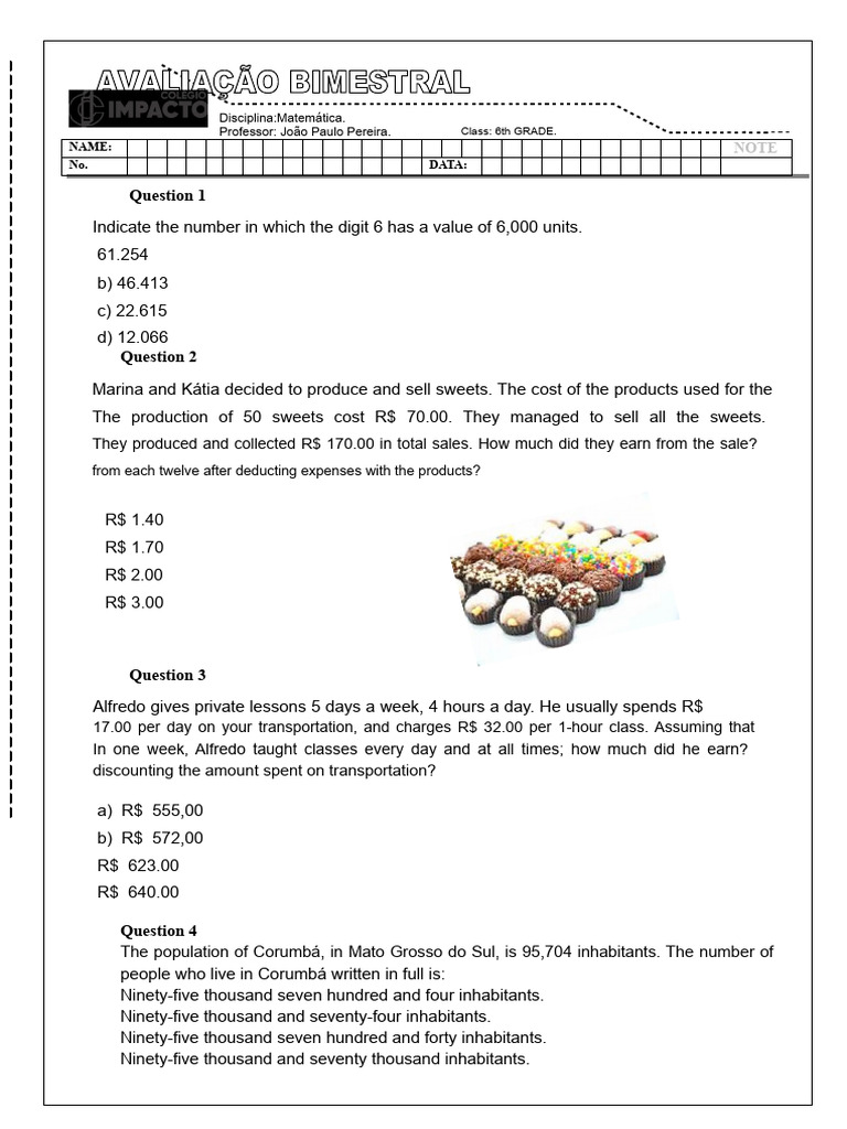 Mathematics Assessment - 6TH Grade | PDF | Mathematics