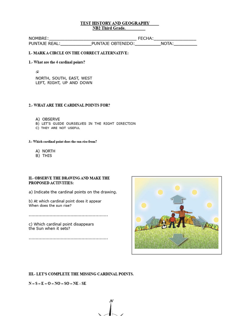 Third Grade Cardinal Points Quiz | PDF
