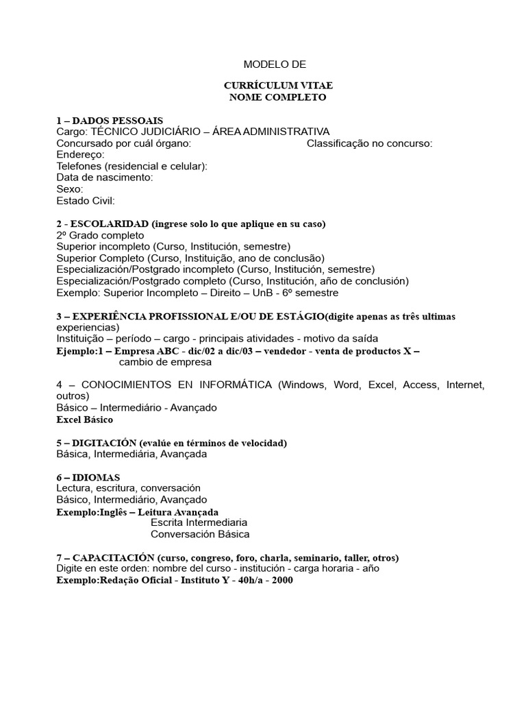 Modelo de Currículum Vitae Técnico Judicial | PDF