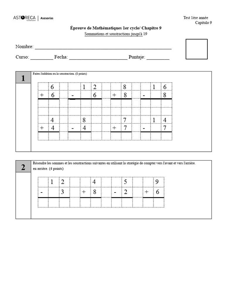 Test de mathématiques 1ère année: additions et soustractions | PDF | Échecs