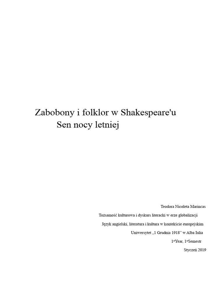 Zabobony I Folklor W "Snu Nocy Letniej" Szekspira | PDF