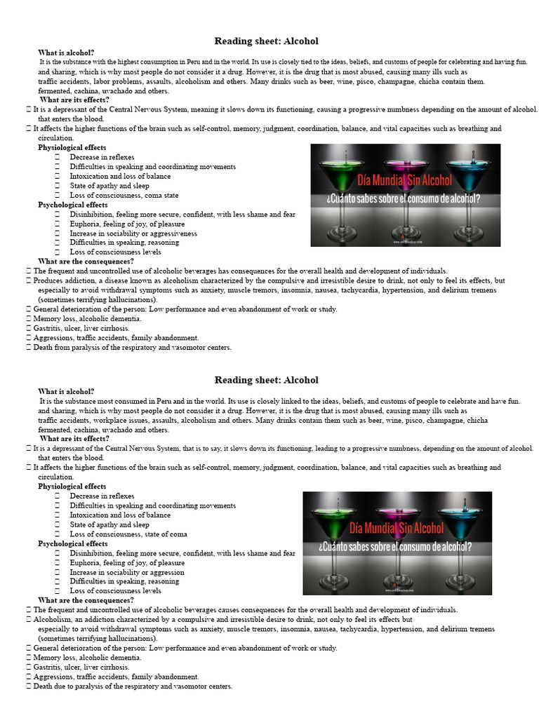 Alcohol Reading Sheet | PDF | Alcoholism | Alcohol Intoxication