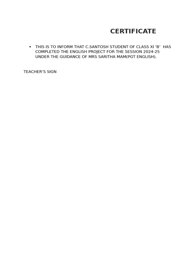 Class XI English Project Certificate | PDF
