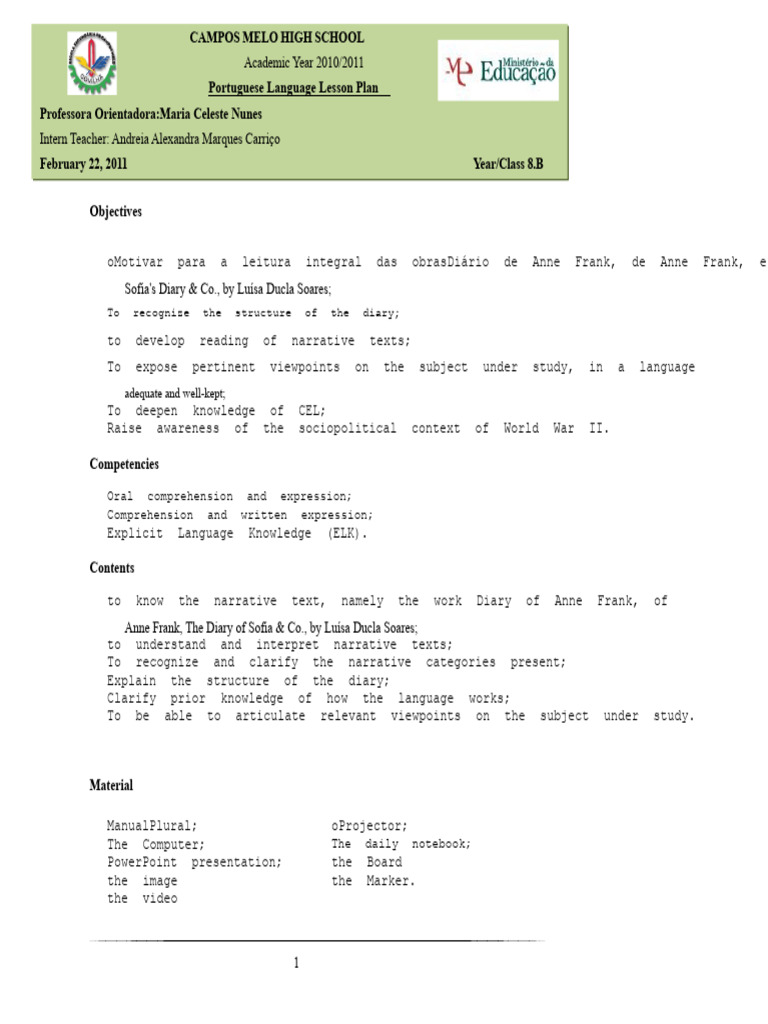 Lesson Plan | PDF | Anne Frank | Narrative