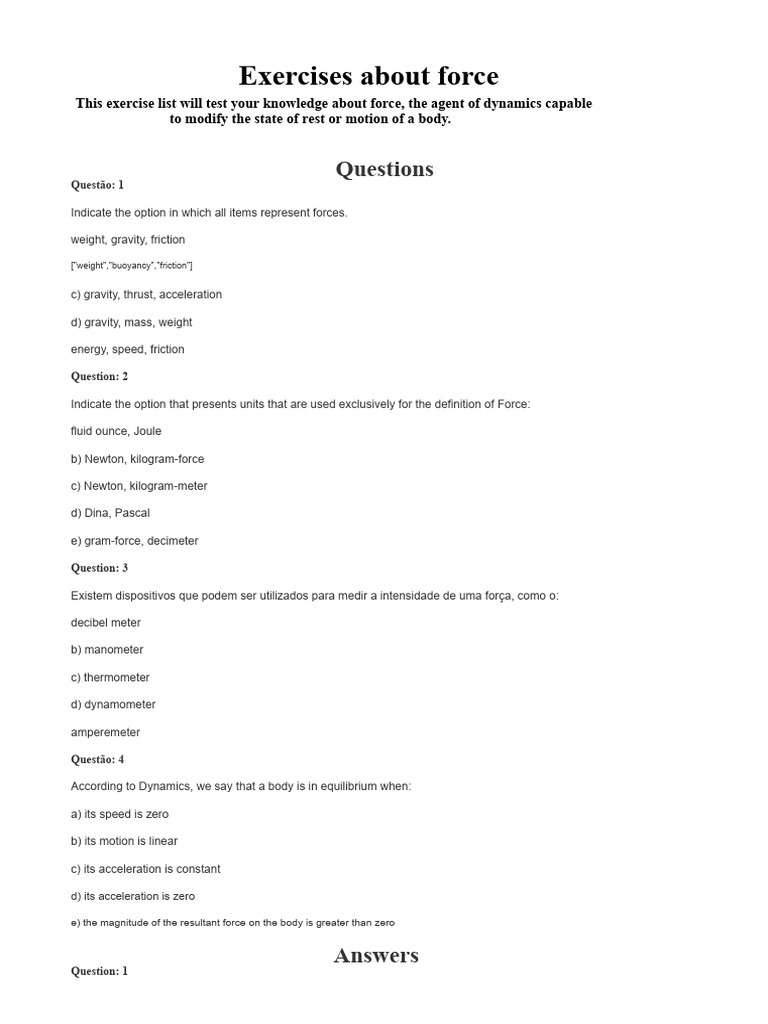 Exercises On Force - Brazil School | PDF | Force | Pressure