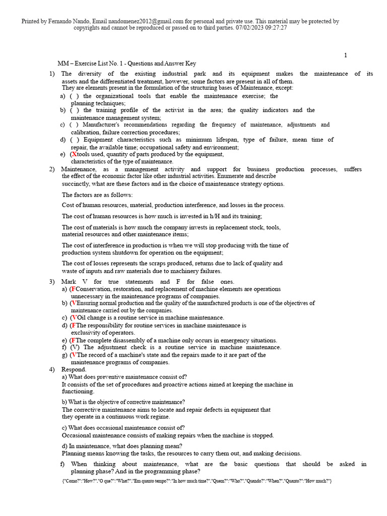 Maintenance Management Exercise Q&A | PDF