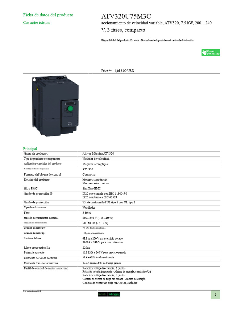 Variador de Frecuencia Altivar 320 VFD - ATV320U75M3C | PDF ...