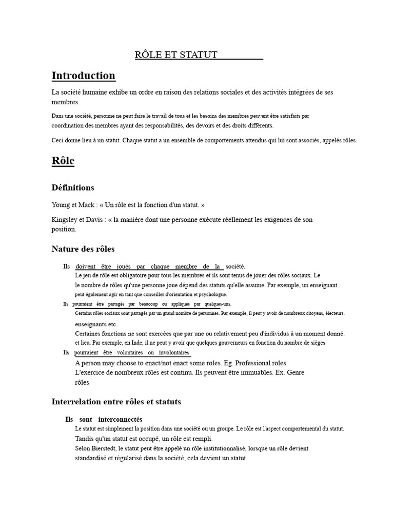 Rôles et Statuts dans la Société humaine | PDF | Rôle de genre ...