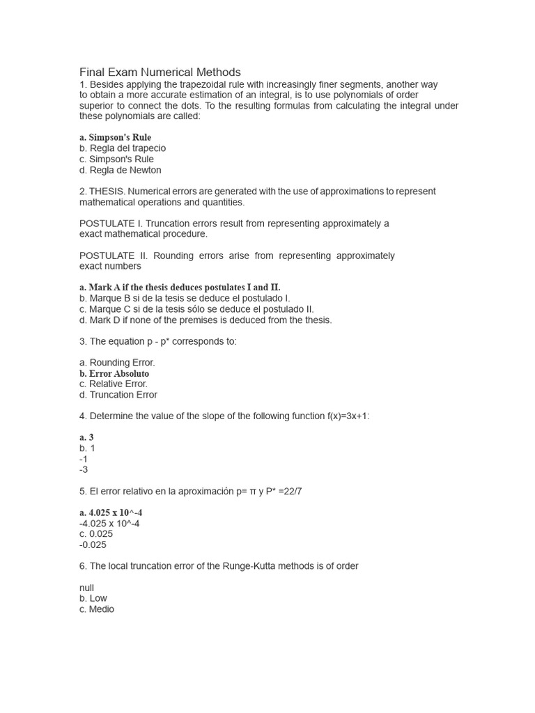 Numerical Methods Final Exam Questions | PDF | Numerical Analysis ...